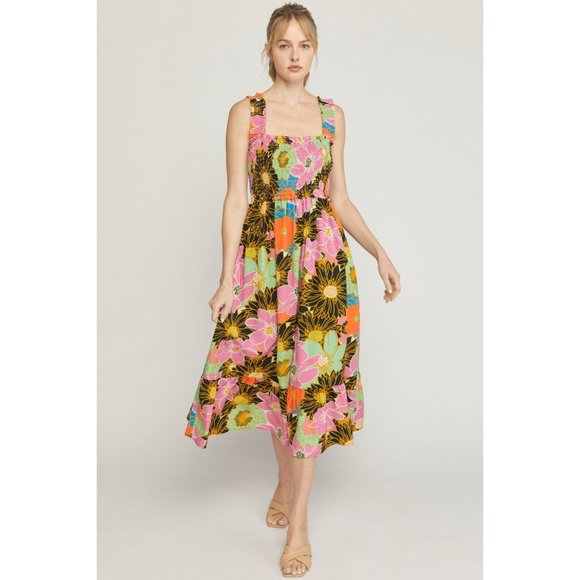 entro | Dresses | Entro Floral Smocked Midi Dress Black | Poshmark